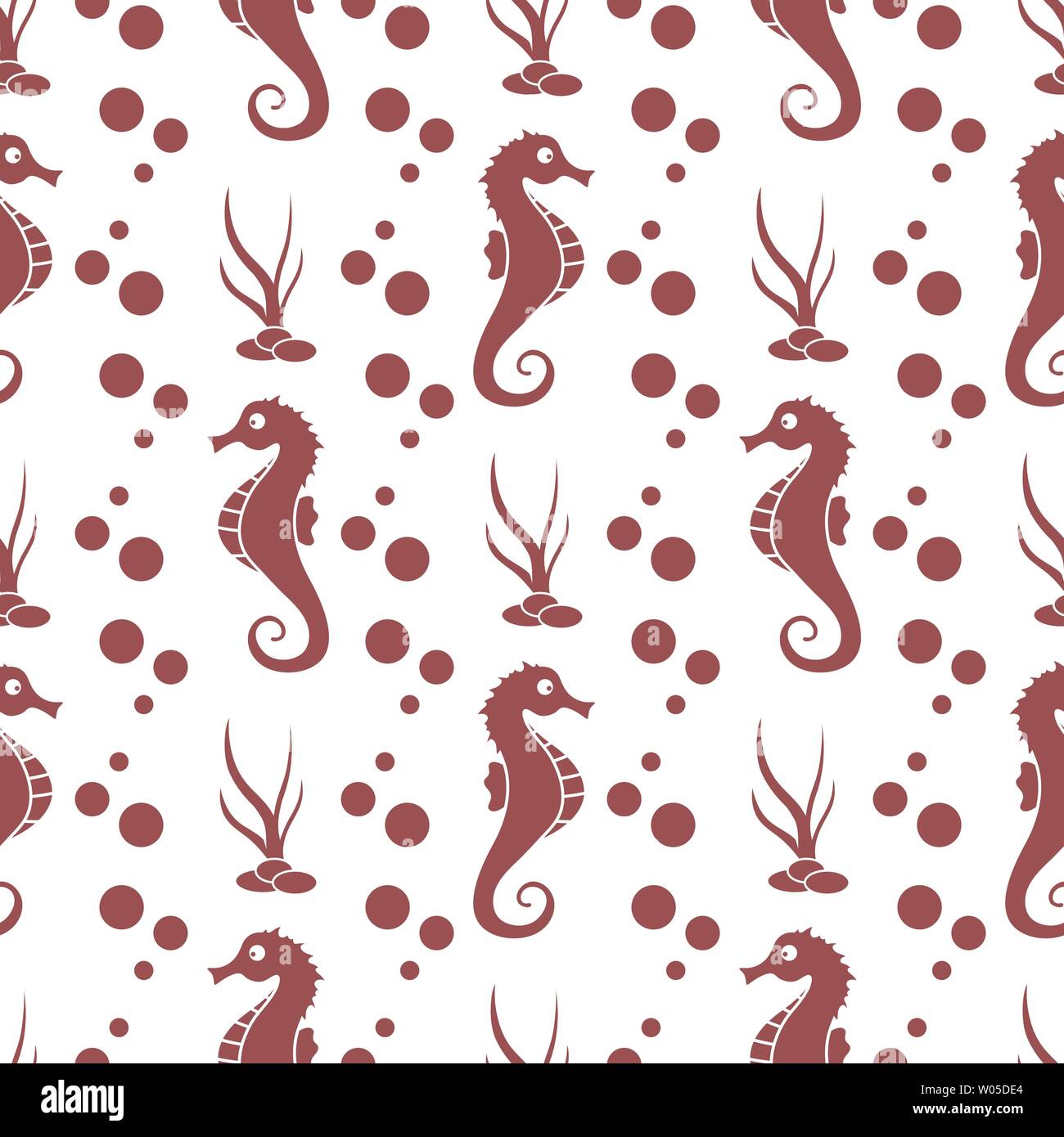 Vector seamless pattern with sea horses, underwater plants and bubbles ...