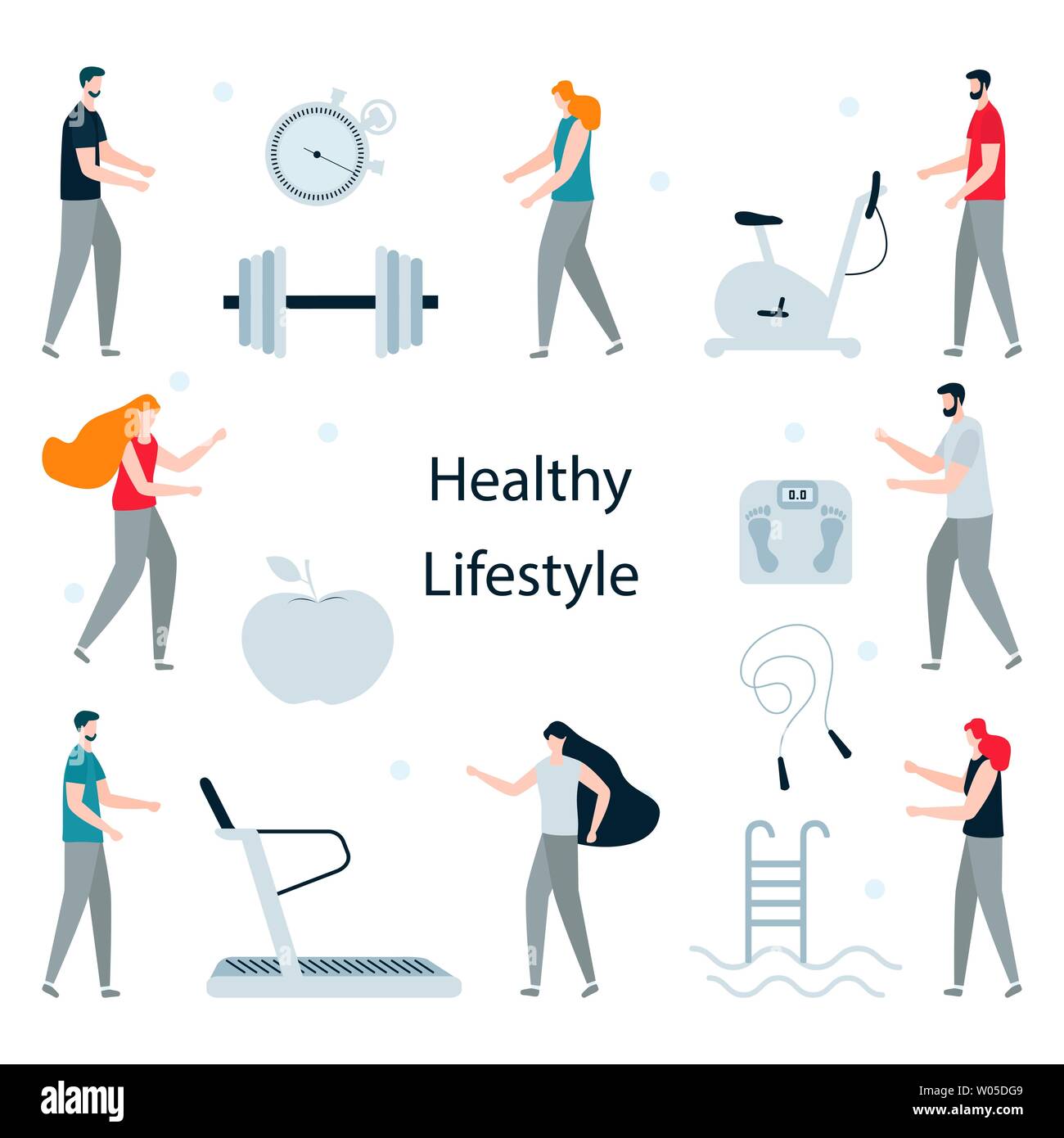 Vector illustration with people, exercise bike, dumbbells, treadmill ...
