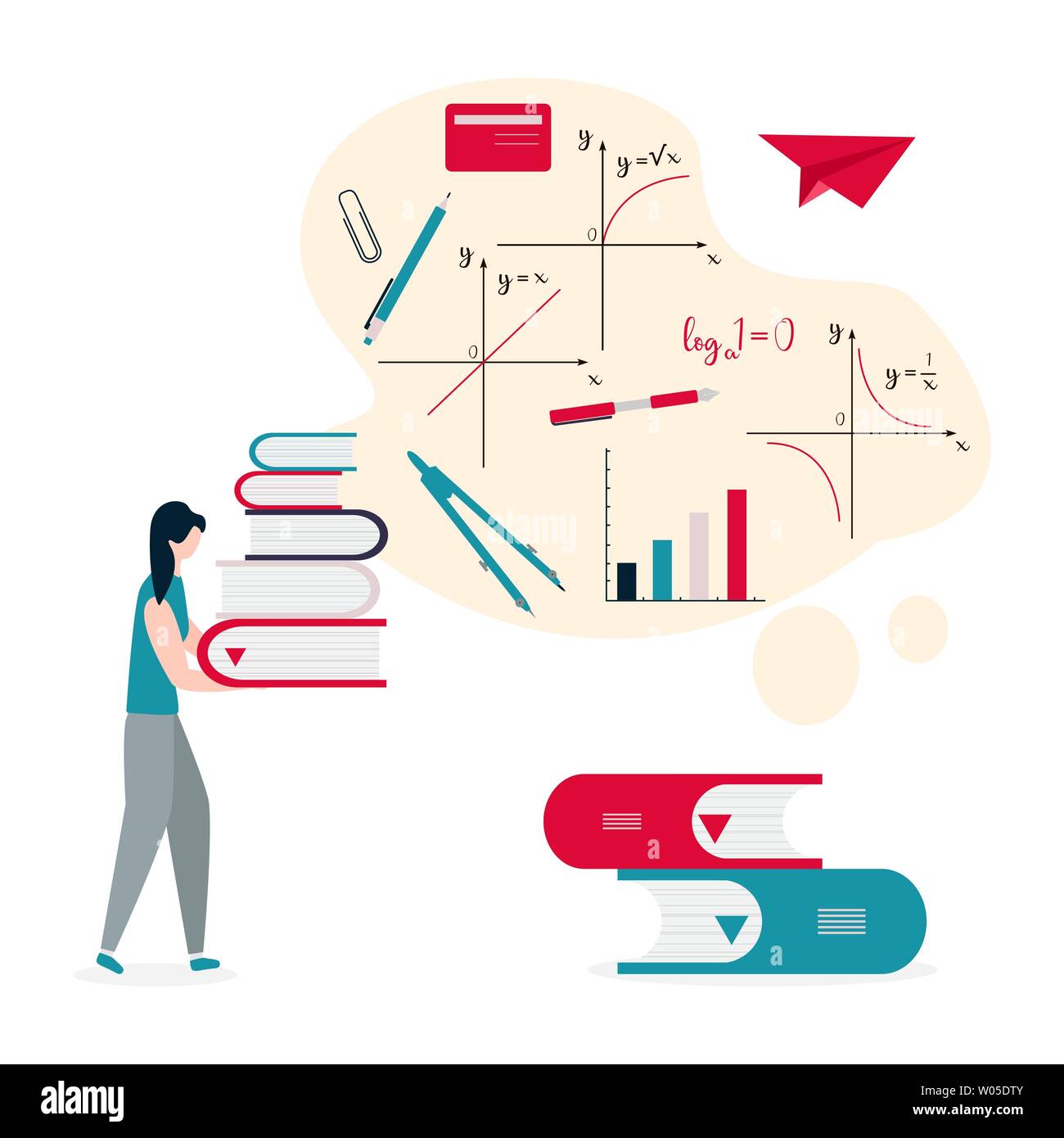 Vector illustration with girl, stack of books. Education, study ...