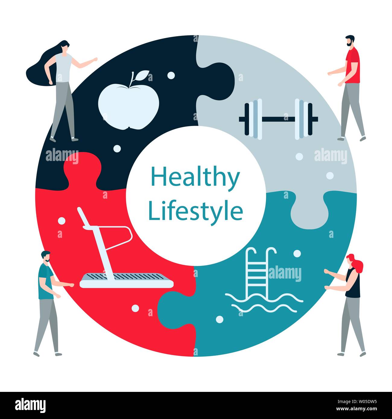 Vector illustration with people, puzzle, dumbbell, pool, treadmill ...