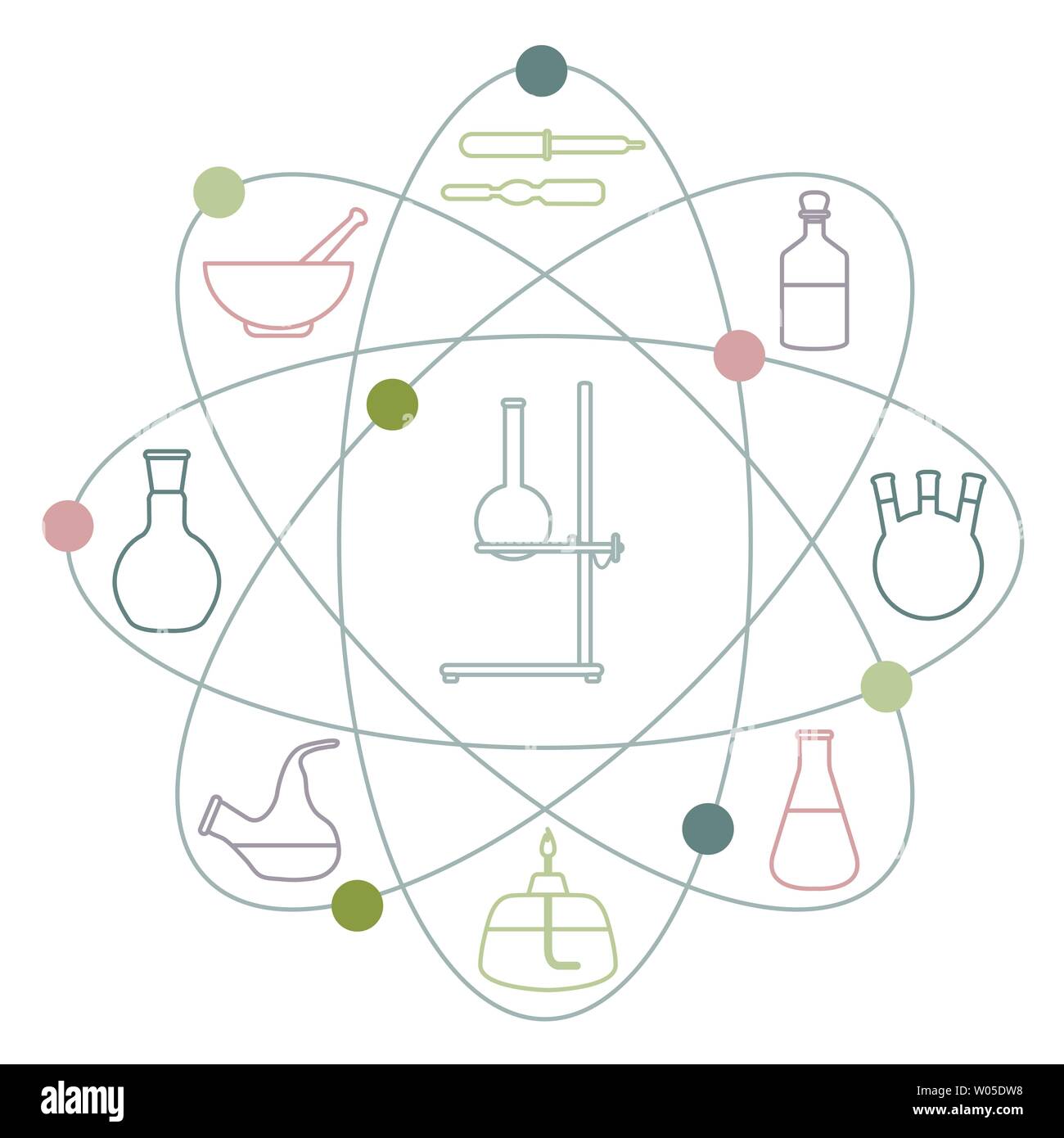 Vector illustration with atomic structure, glassware flasks, burner ...