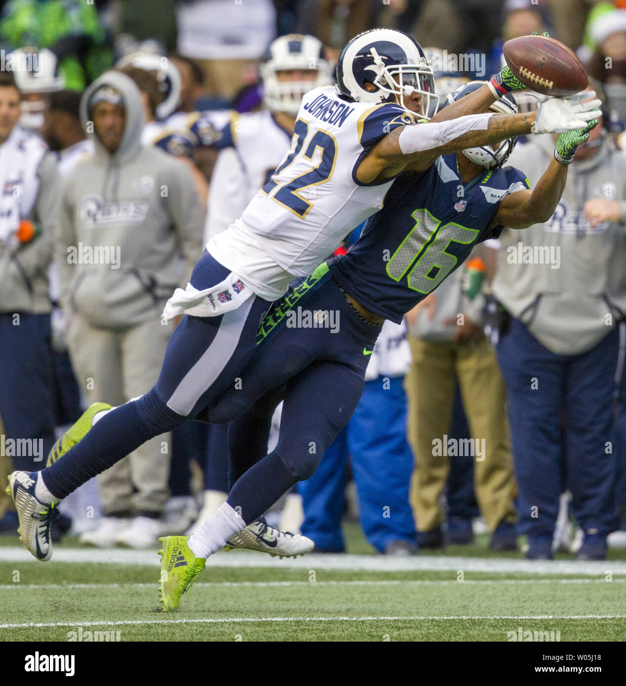 Los Angeles Rams cornerback Trumaine Johnson (22) knocks the ball away ...
