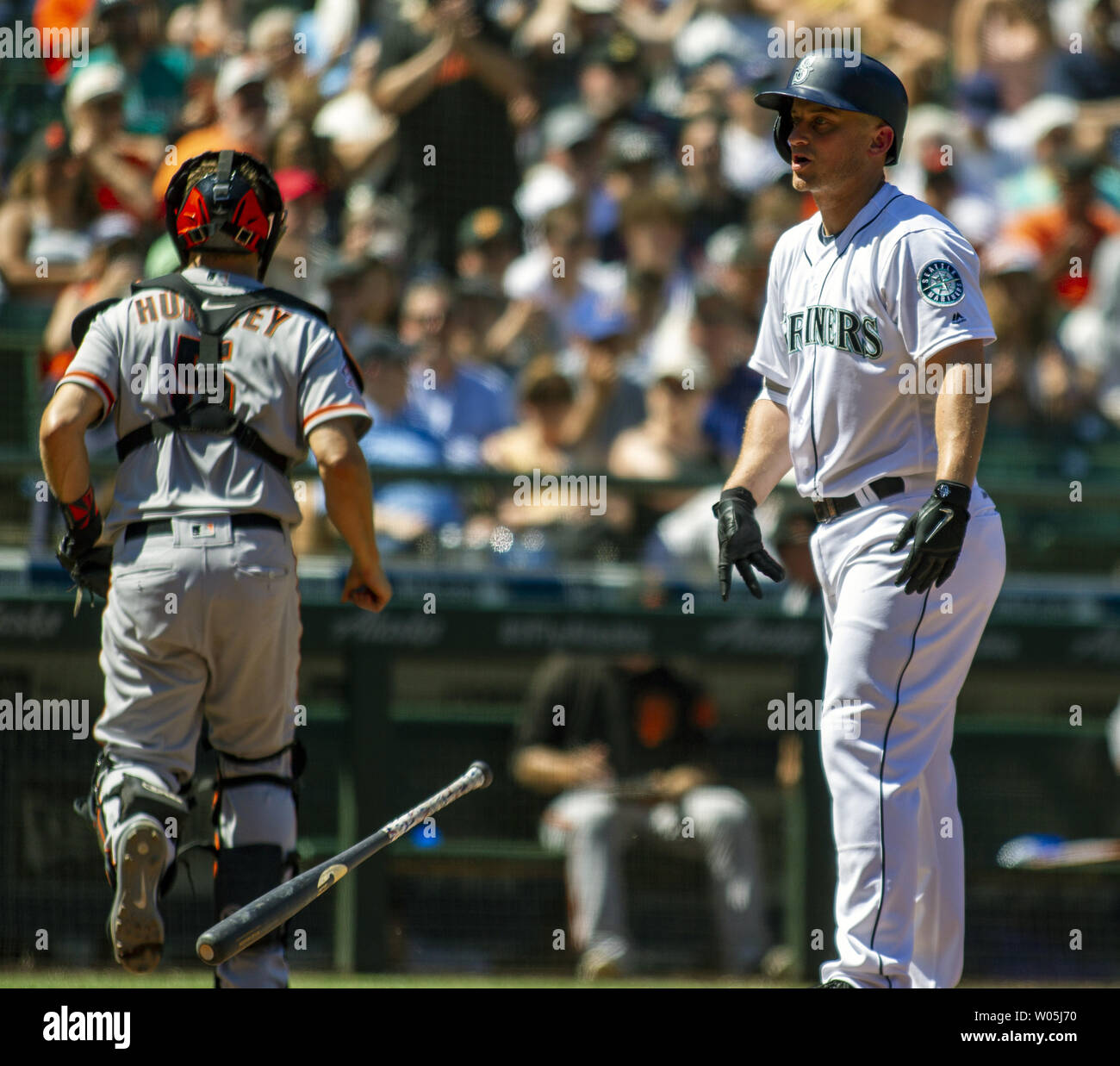 Seattle Mariners' third baseman Kyle Seager (15) tosses his bat after ...