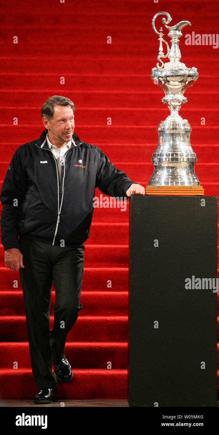 Larry Ellison, Oracle CEO and winner of the 33rd America's Cup, stands ...