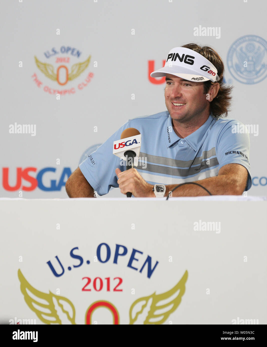 Bubba Watson smiles during a press conference after hitting a practice ...