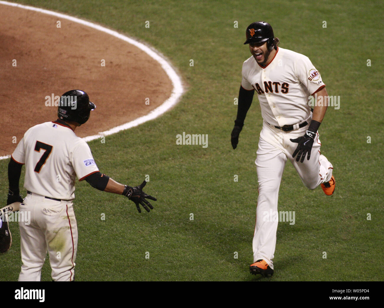 San Francisco Giants pinch batter Michael Morse yells as he greets ...