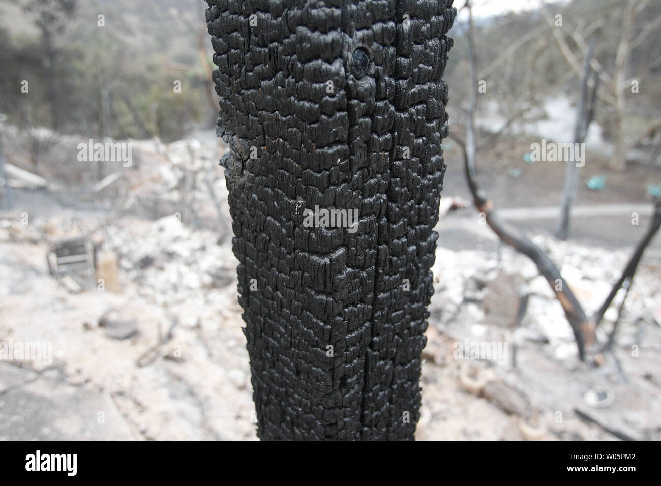A post is charred at Harbin Hot Springs by the Valley Fire in ...