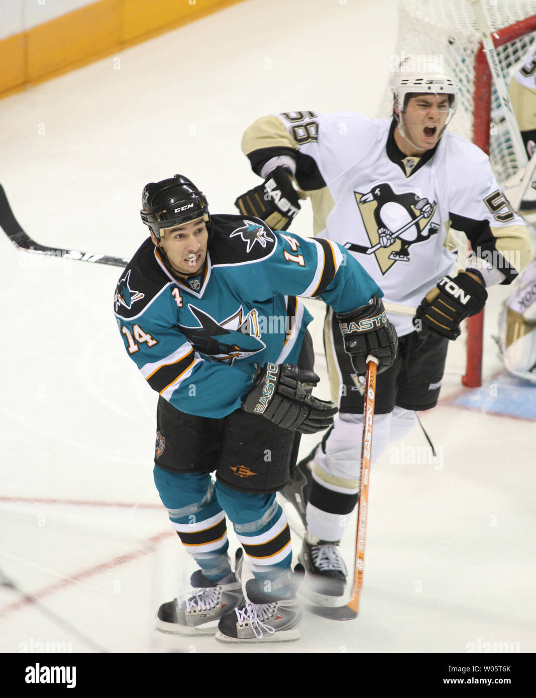 Jonathon Cheechoo of the San Jose Sharks battles Kris Letang of the ...