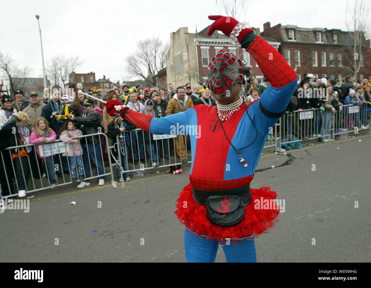 Baton Bob, dressed as Spiderman struts down Broadway during the St ...