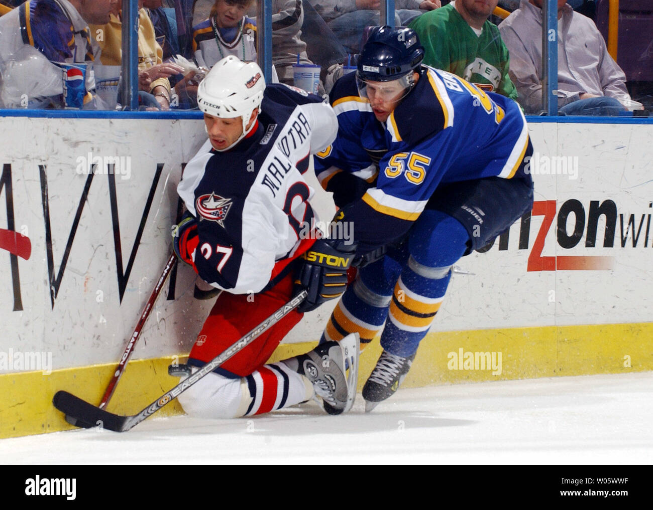 St. Louis Blues Christian Backman (55) drives Columbus Blue Jackets ...