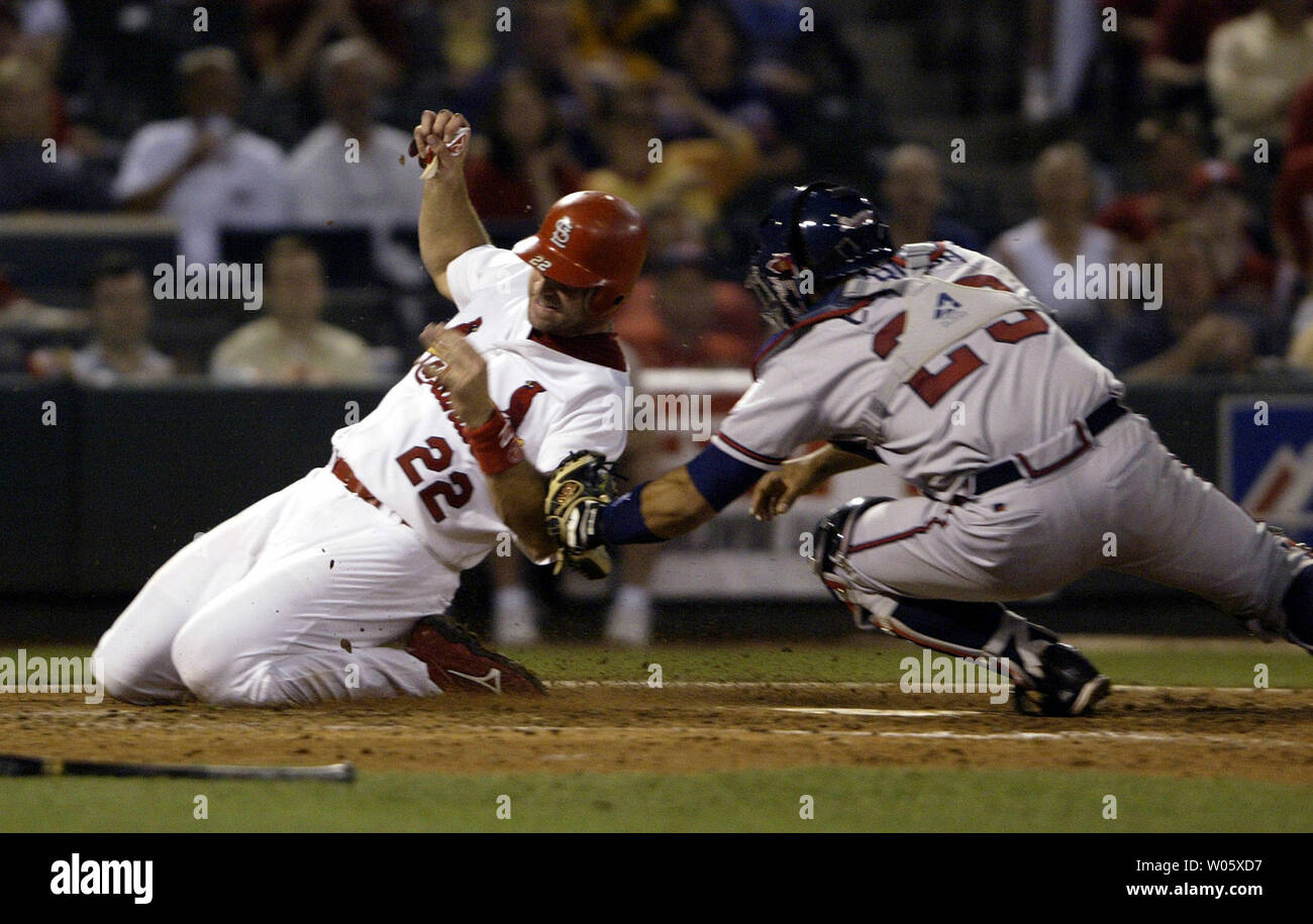St. Louis Cardinals Mike Matheny is tagged out at homeplate by Atlanta ...