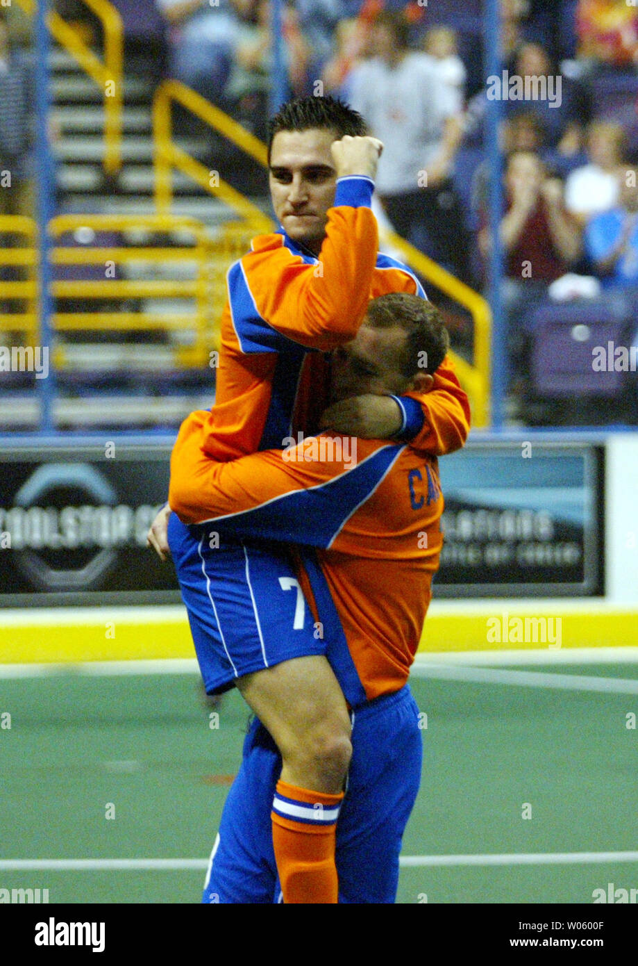 St. Louis Steamers Nino DaSilva (L) jumps into the arms of teammate ...