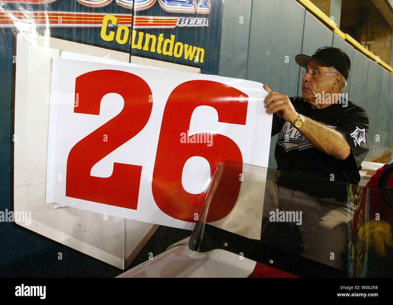 Flordia Marlins Manager Jack McKeon peals the number 26 from the ...