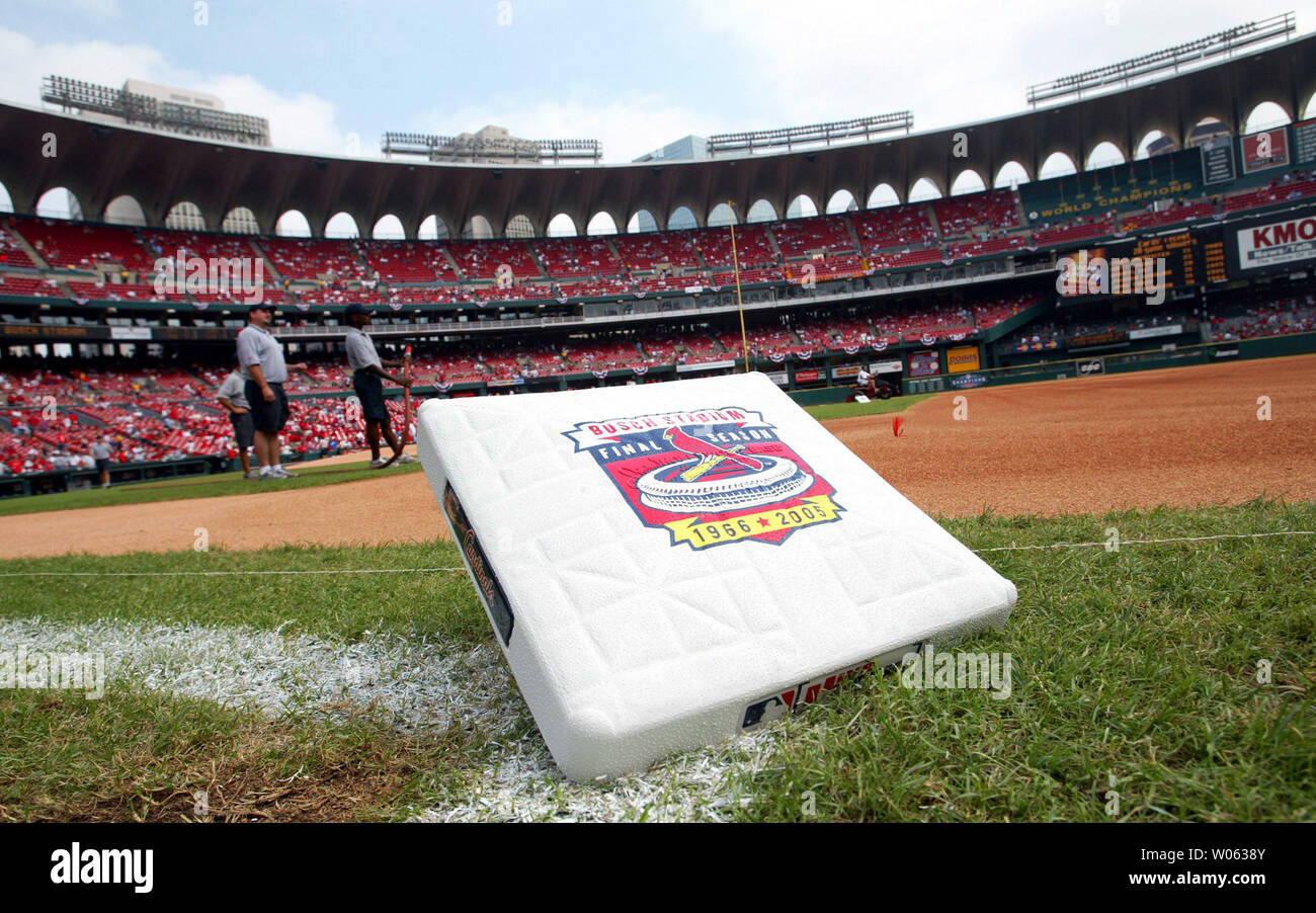A commerative first base stands ready to be placed in the ground before ...