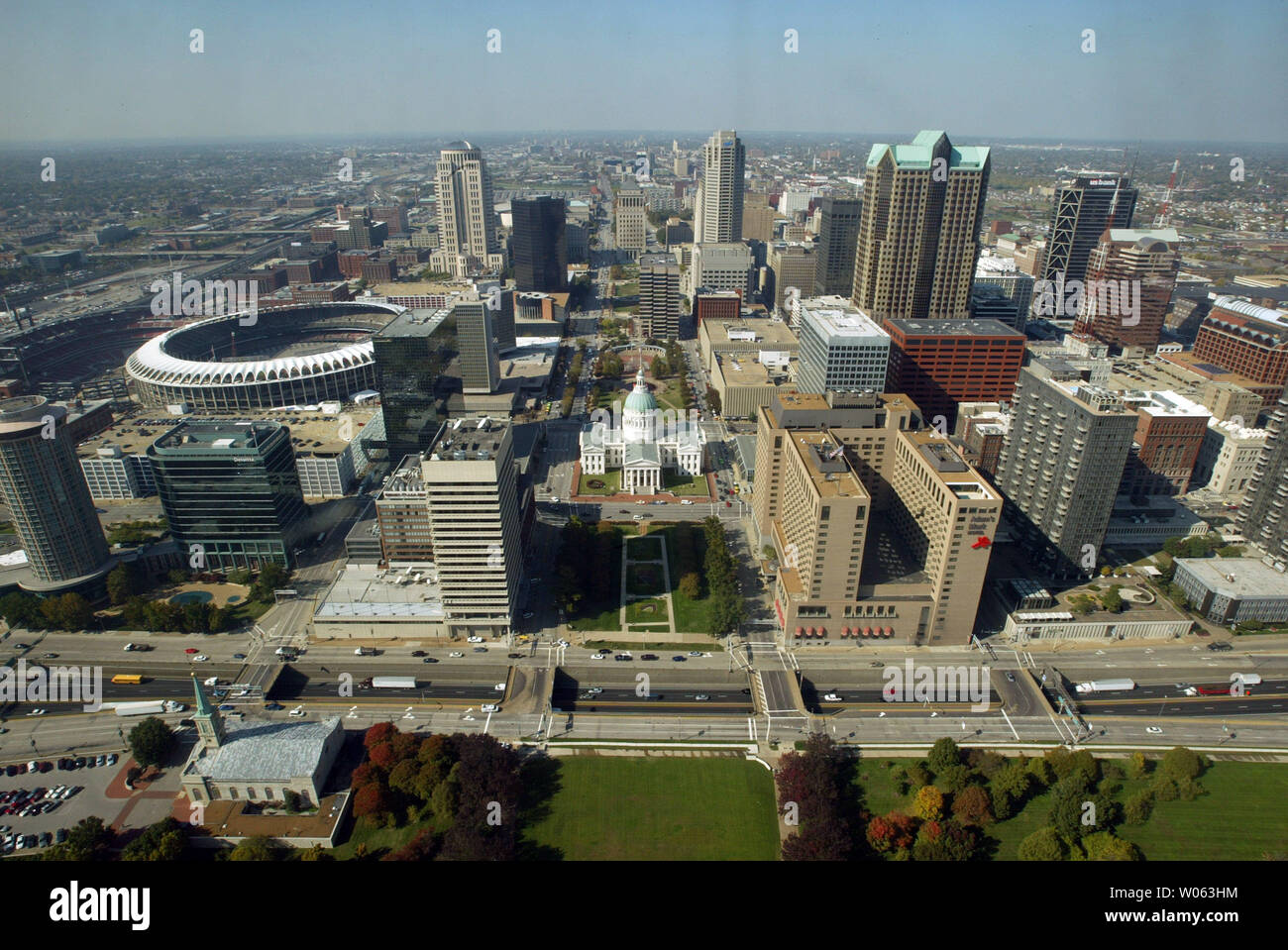 The view of the St. Louis skyline from the top of the Gateway Arch is ...