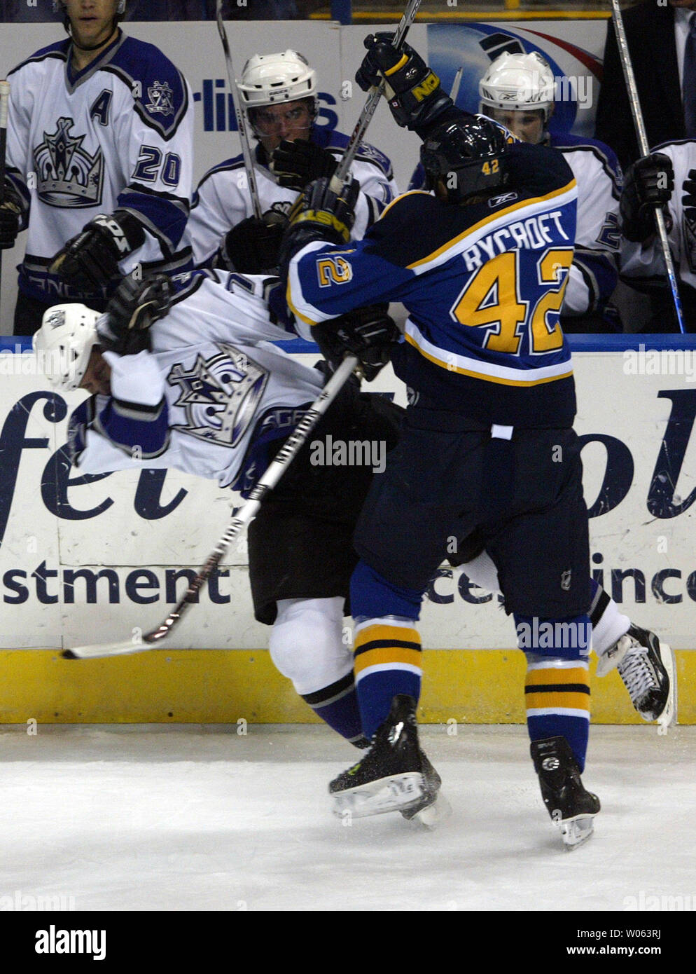 St. Louis Blues Mark Rycroft (42) decks Los Angeles Kings Derek ...