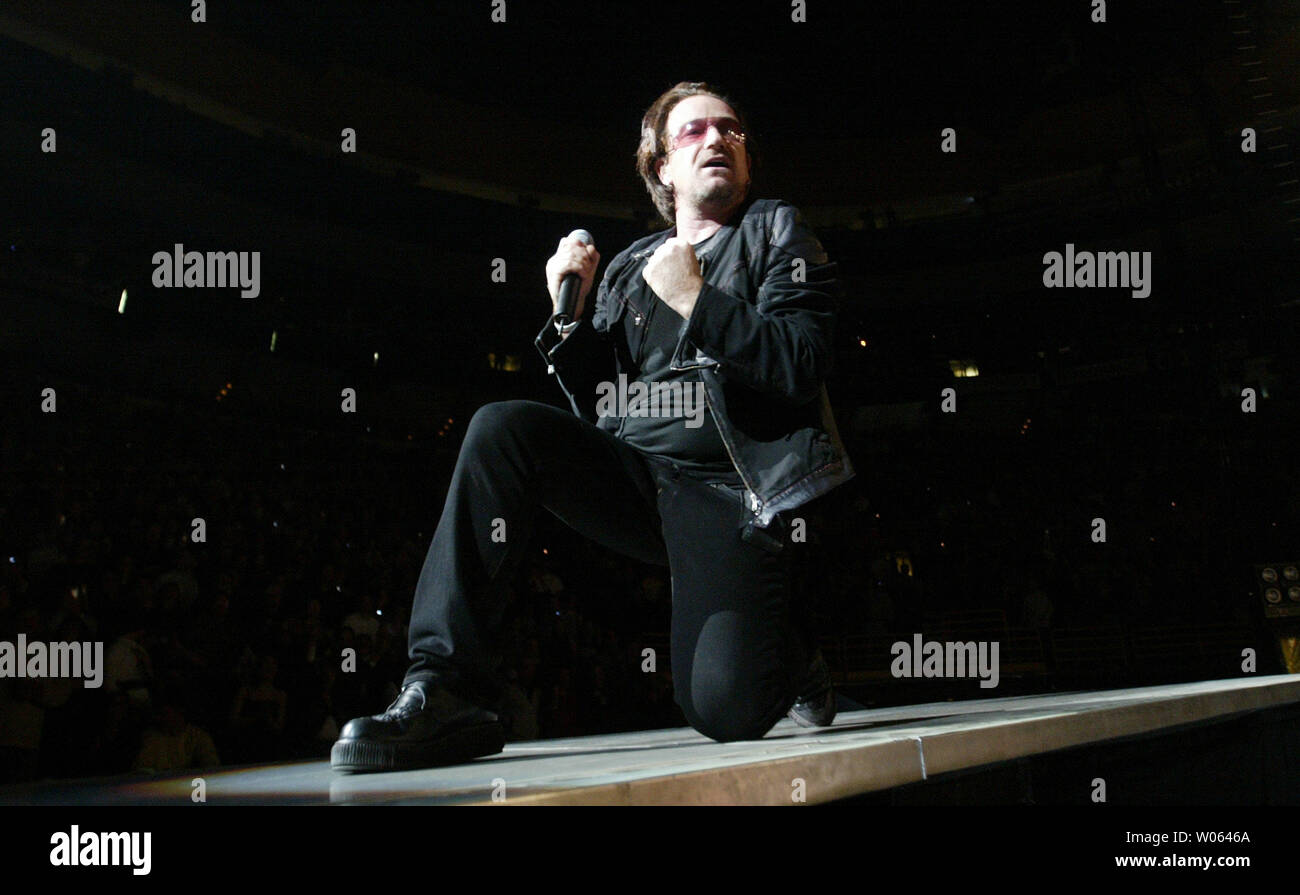 Bono of the rock group U-2 entertains the crowd during his Vertigo 2005 ...