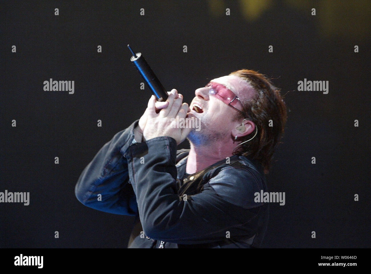 Bono of the rock group U-2 entertains the crowd during the Vertigo 2005 ...