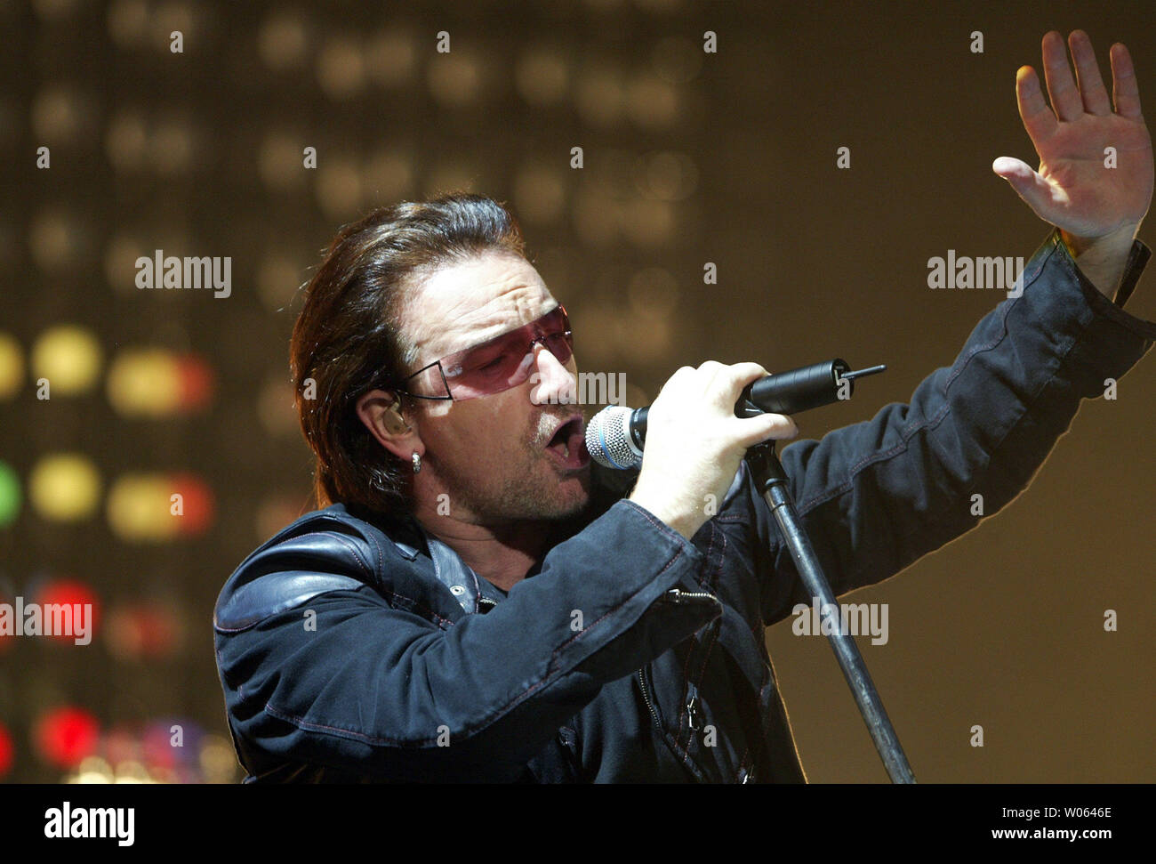 Bono of the rock group U-2 entertains the crowd during his Vertigo 2005 ...