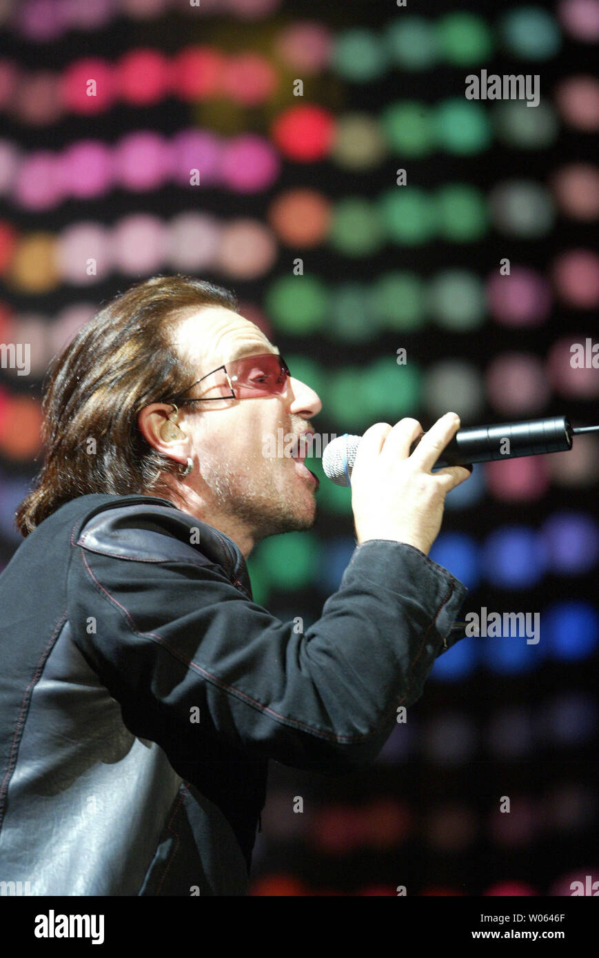 Bono of the rock group U-2 entertains the crowd during the Vertigo 2005 ...
