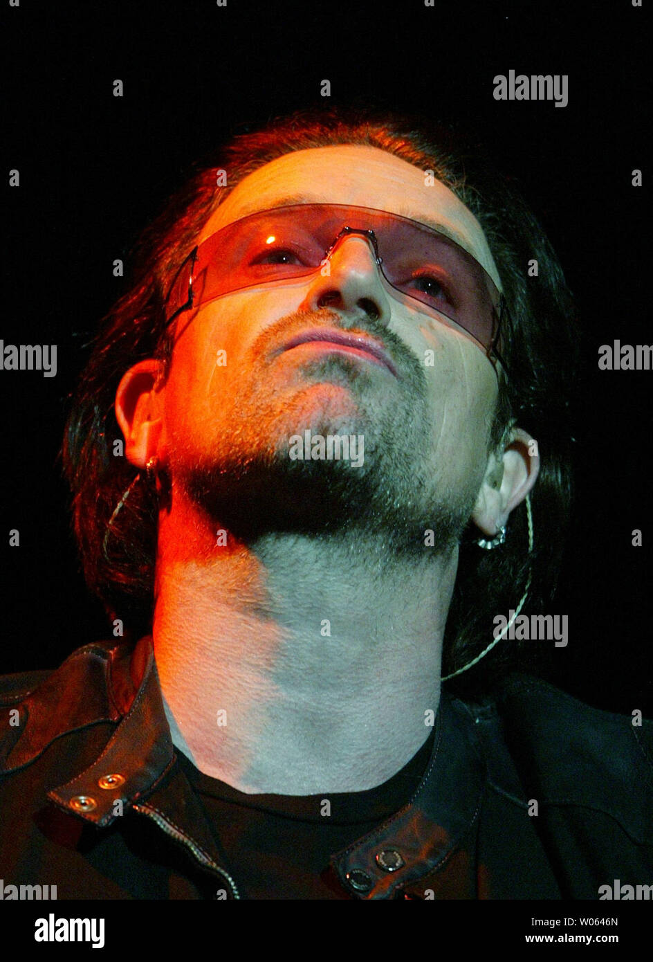 Bono of the rock group U-2 entertains the crowd during the Vertigo 2005 ...