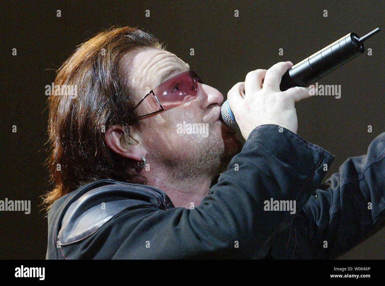 Bono of the rock group U-2 entertains the crowd during the Vertigo 2005 ...