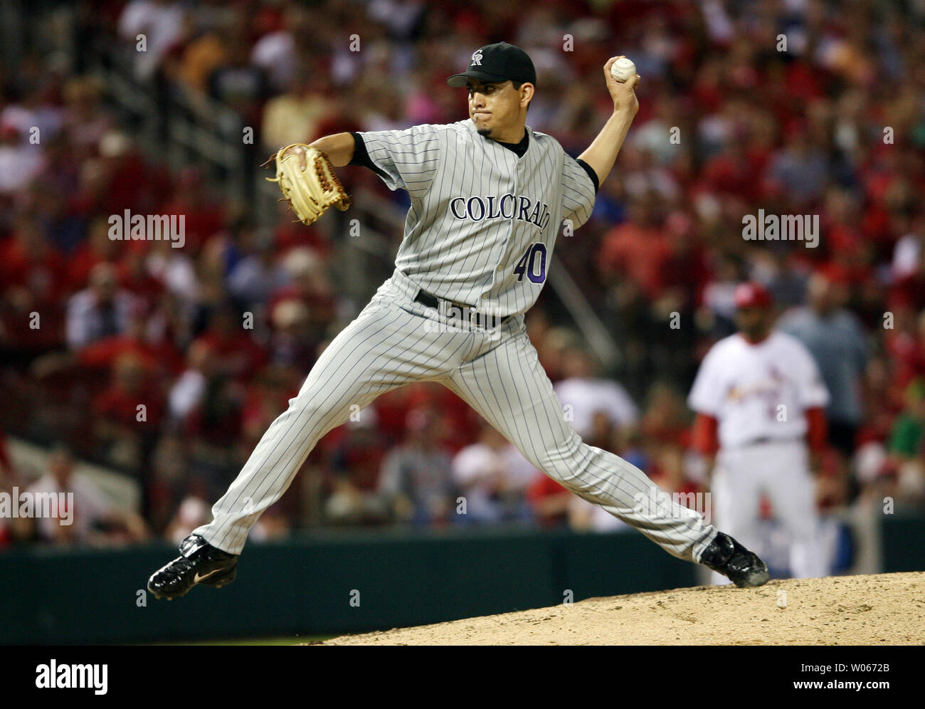 Colorado Rockies pitcher Brian Fuentes delivers a pitch to the St ...