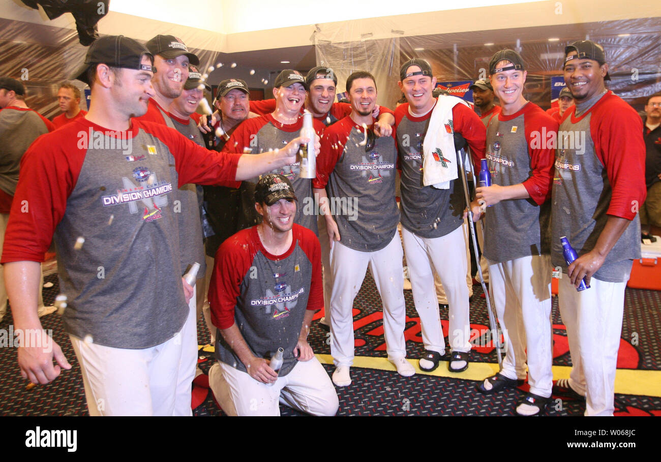 Members of the St. Louis Cardinals bullpen pose for a photograph while ...
