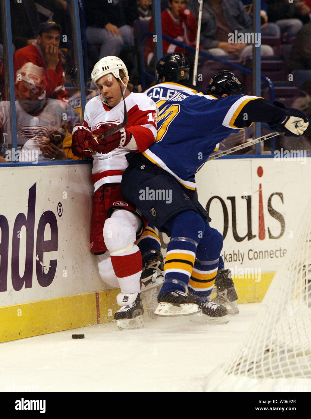 St. Louis Blues Jamie Rivers (20) pins Detroit Red Wings Dan Cleary ...