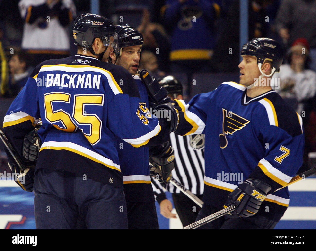 St. Louis Blues Christian Backman (55) and Keith Tkachuk congratulate ...