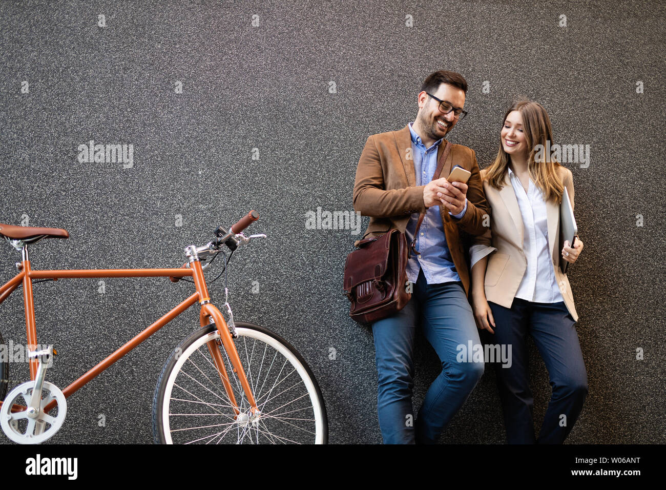 Office woman with business man couple enjoying break while talking ...