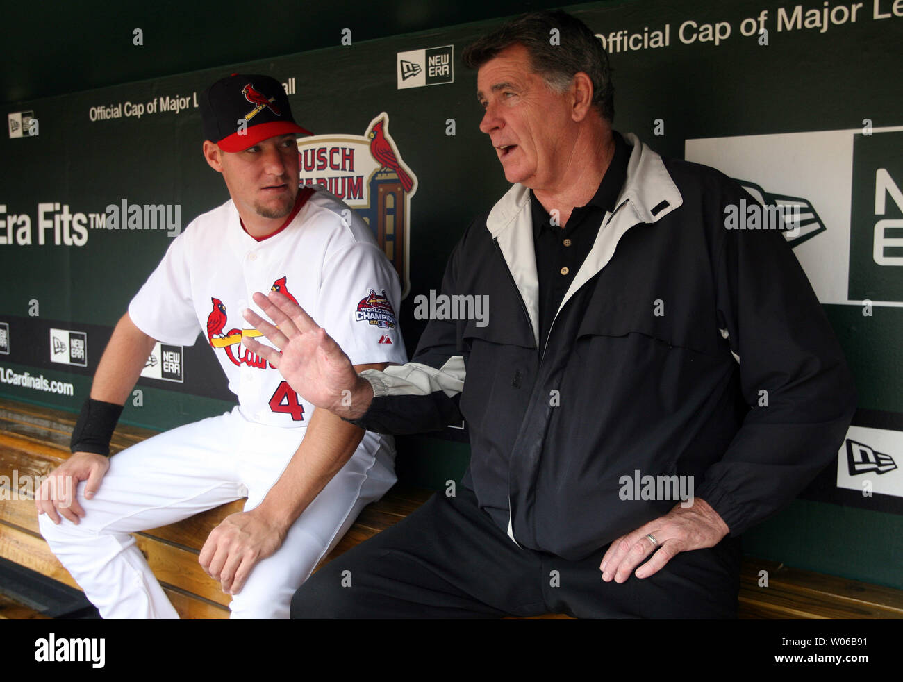 St. Louis Cardinals broadcaster Mike Shannon (R) gives Cards rookie ...