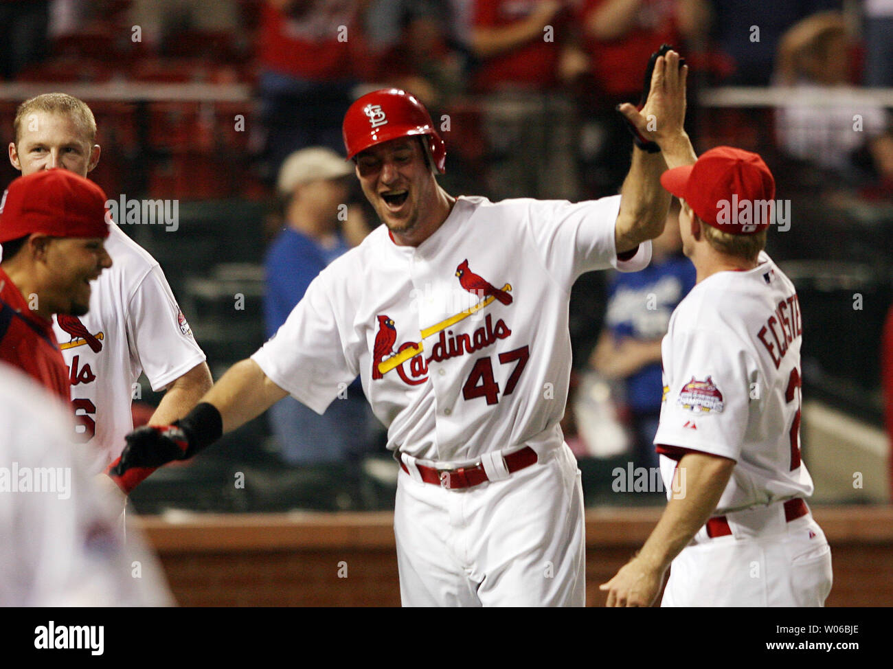 St. Louis Cardinals Ryan Ludwick (C) celebrates a walk off home run ...