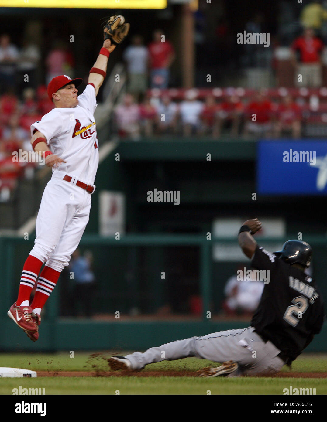 St. Louis Cardinals second baseman Brendan Ryan leaps for the baseball ...