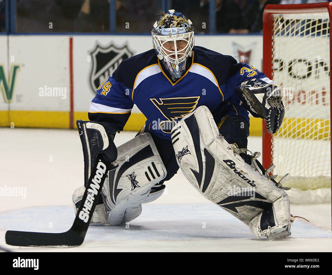 St. Louis Blues goaltender Manny Legace keps an eye on the Dallas Stars ...