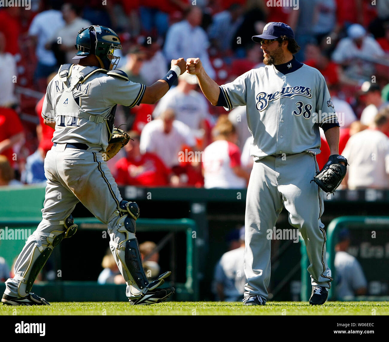 Milwaukee Brewers pitcher Eric Gagne (R) celebrates a 5-3 win over the ...