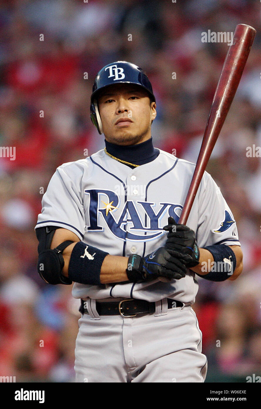 Tampa Bay Rays Akinori Iwamura steps out of the batters box during the ...