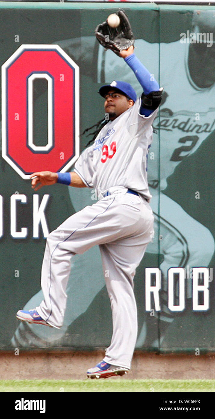 Los Angeles Dodgers Manny Ramirez makes the catch on a fly ball for the ...