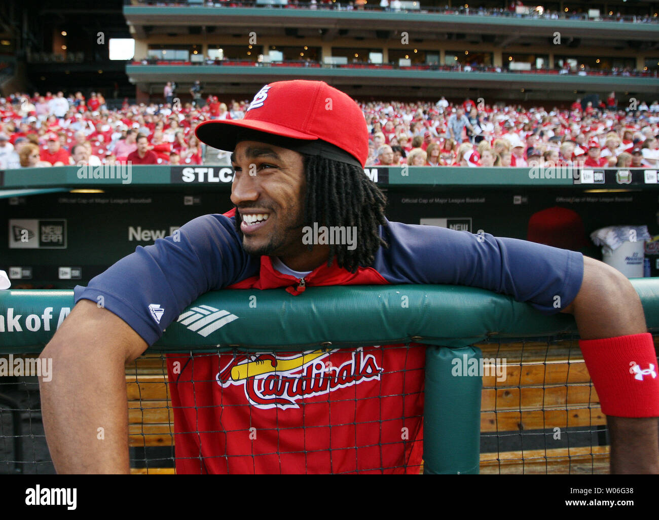 St. Louis Cardinals Brian Barton has a laugh in the dugout before a ...