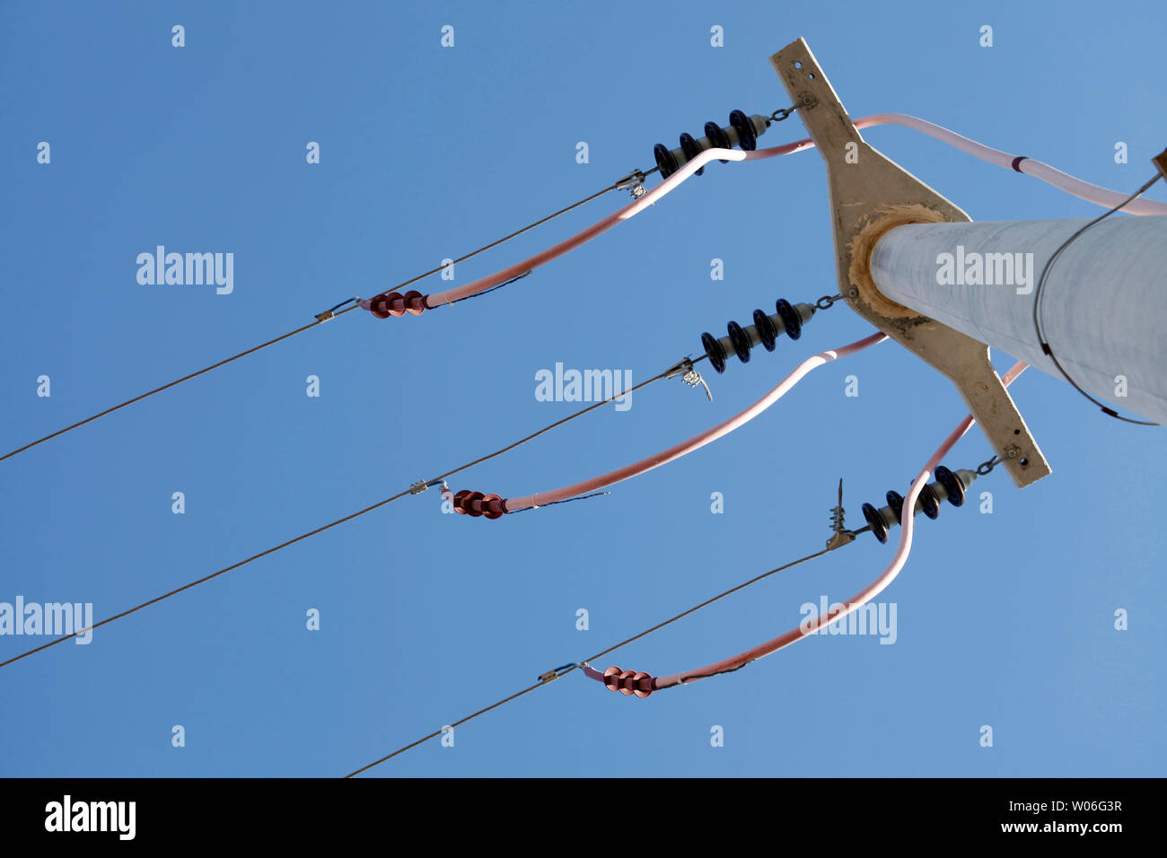 Electric wire on the pole, power Stock Photo - Alamy