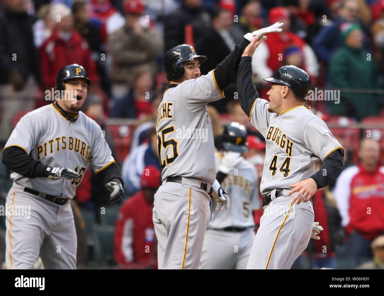 Pittsburgh Pirates Brandon Moss (44) is congratulated by Adam LaRoche ...