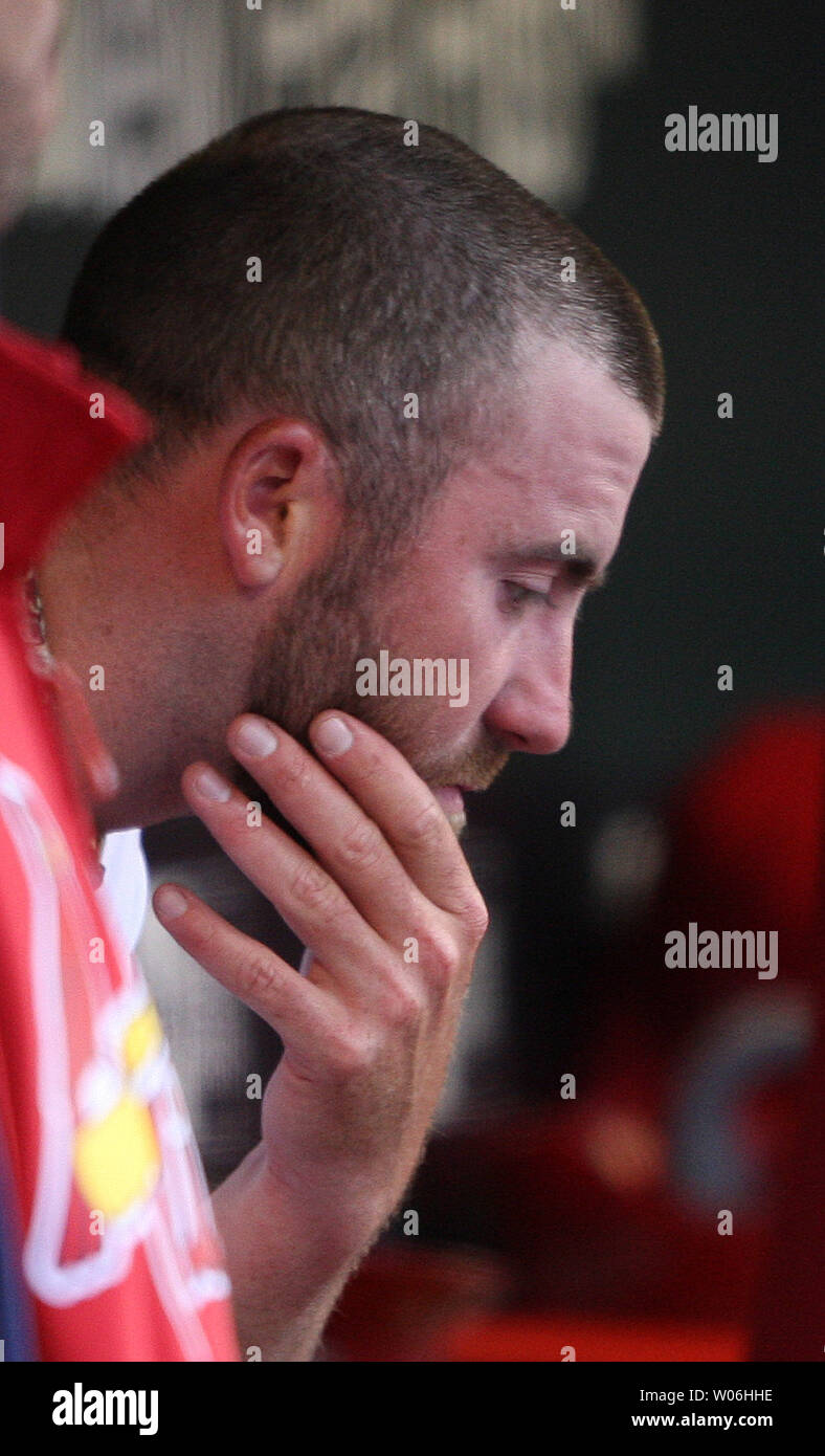 St. Louis Cardinals relief pitcher Jason Motte sits in the dugout after ...