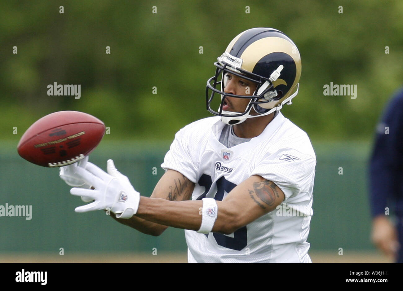 St. Louis Rams wide receiver Travis Brown loses the football on his ...