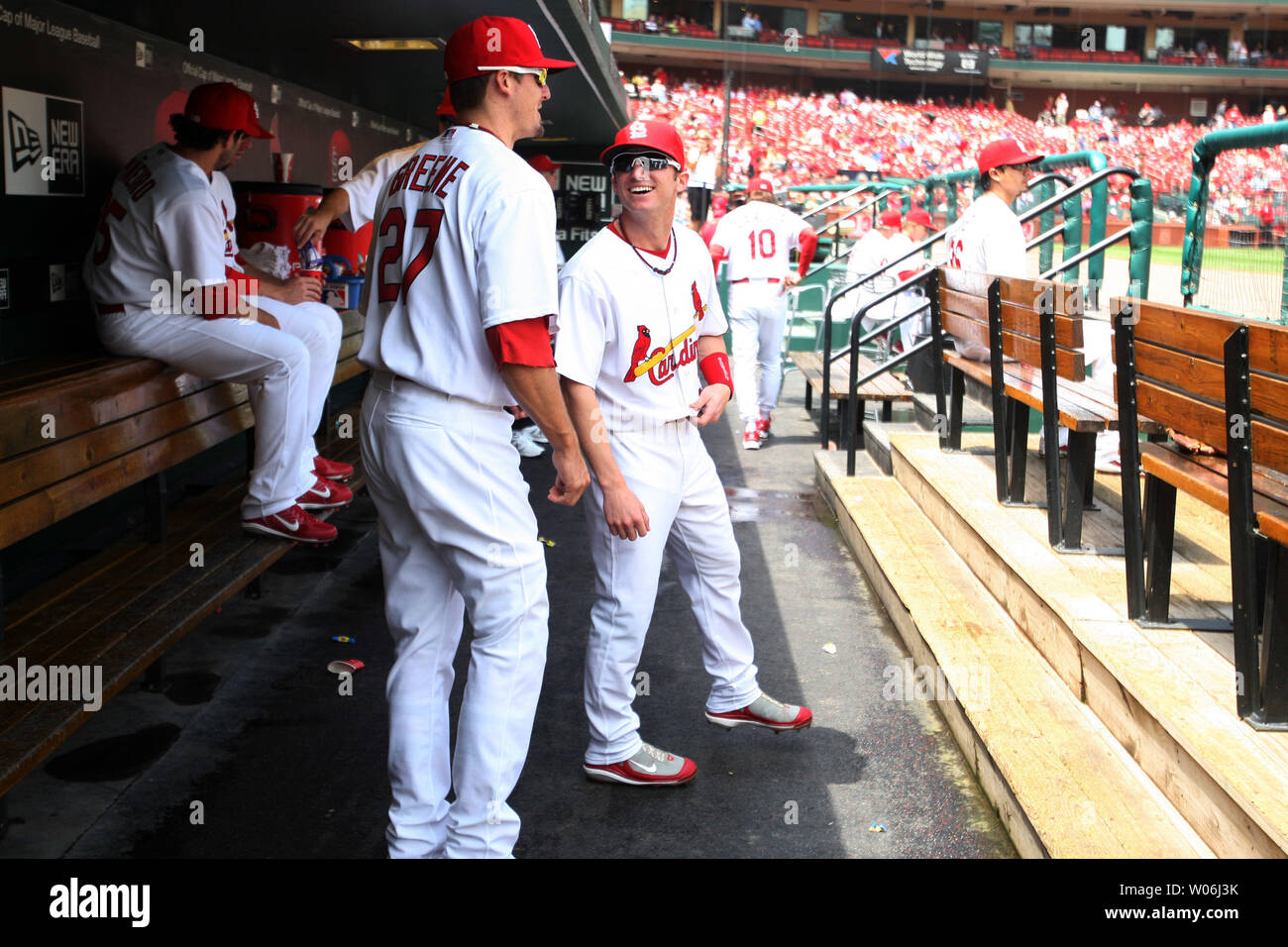 St. Louis Cardinals Shane Robinson (R) talks with Tyler Greene in the ...