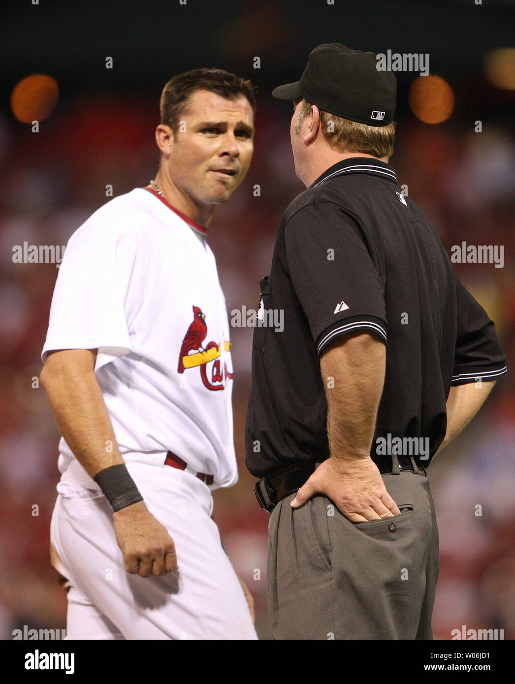 St. Louis Cardinals Rick Ankiel has words for first base umpire Brian ...