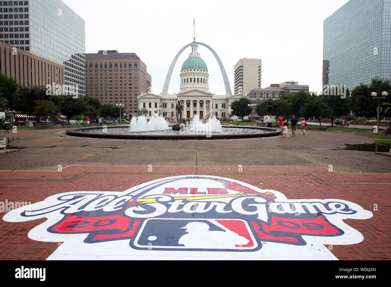 A large MLB All Star Game logo is displayed at Kiener Plaza in downtown ...