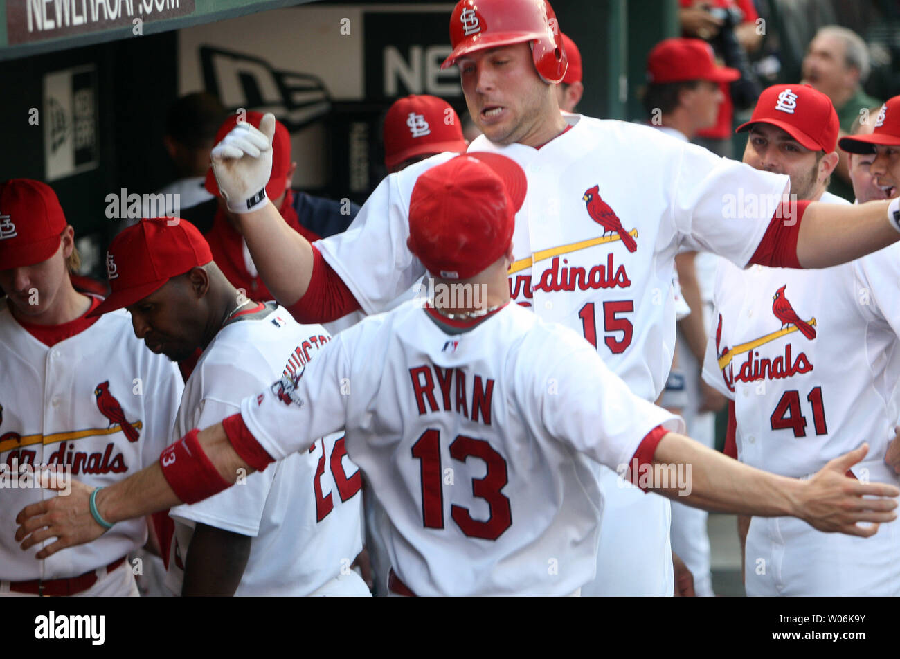 St. Louis Cardinals Brendan Ryan bumps chests with Matt Holliday after ...
