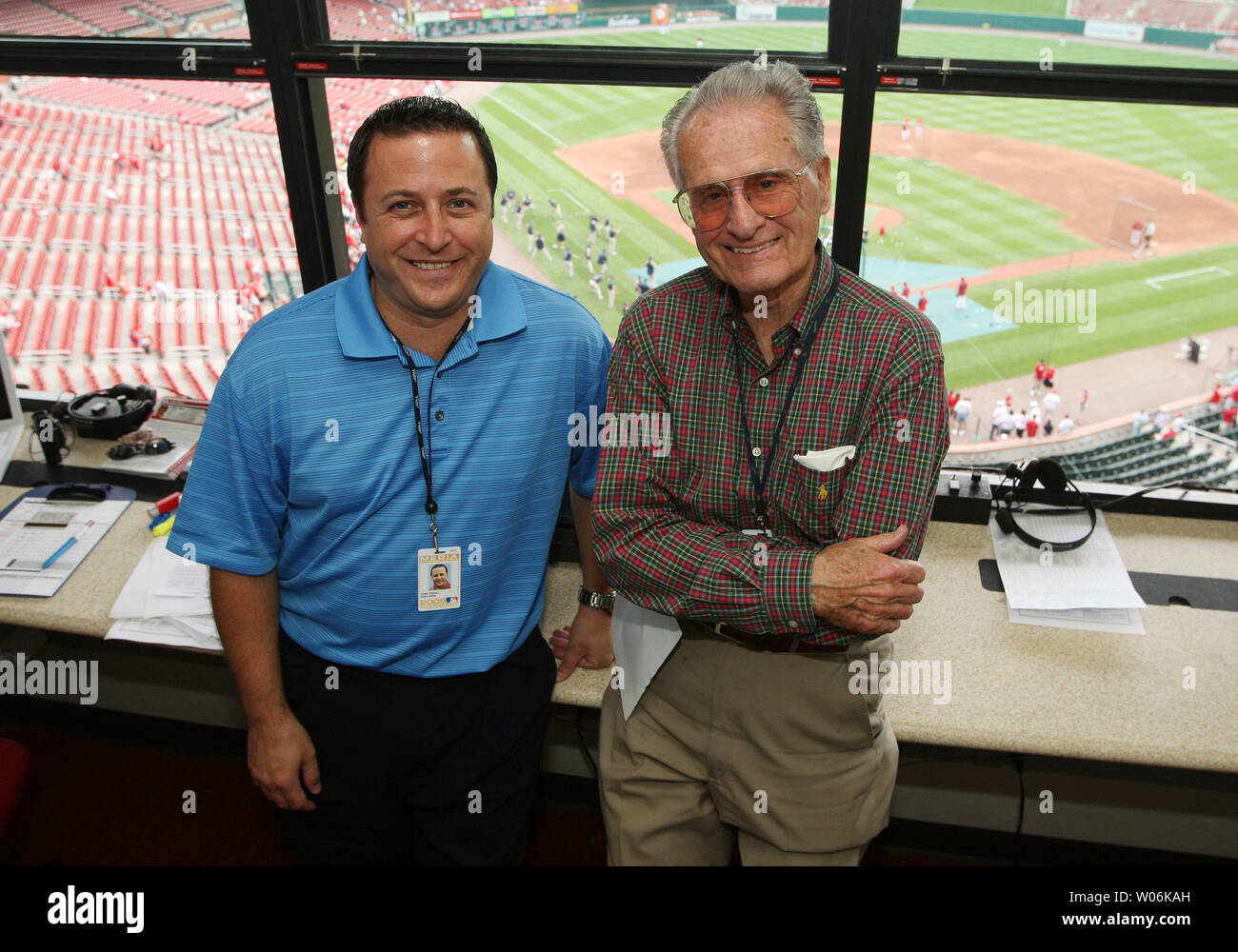 San Diego Padres radio broadcasters Andy Masure (L) and National ...