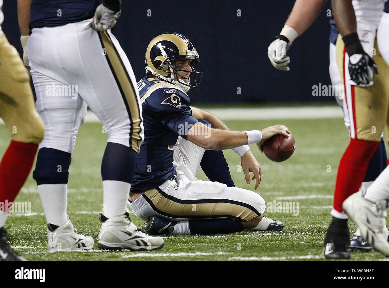 St. Louis Rams quarterback Kyle Boller sits on the turf after the third ...