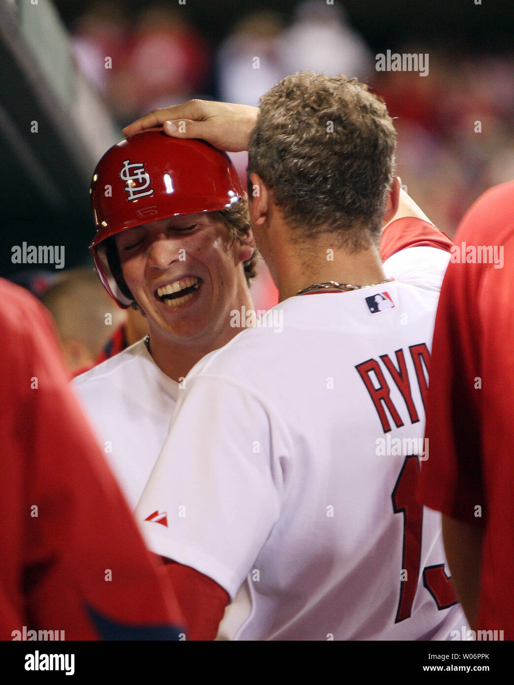 St. Louis Cardinals Brendan Ryan (R) congratulates Colby Rasmus after ...